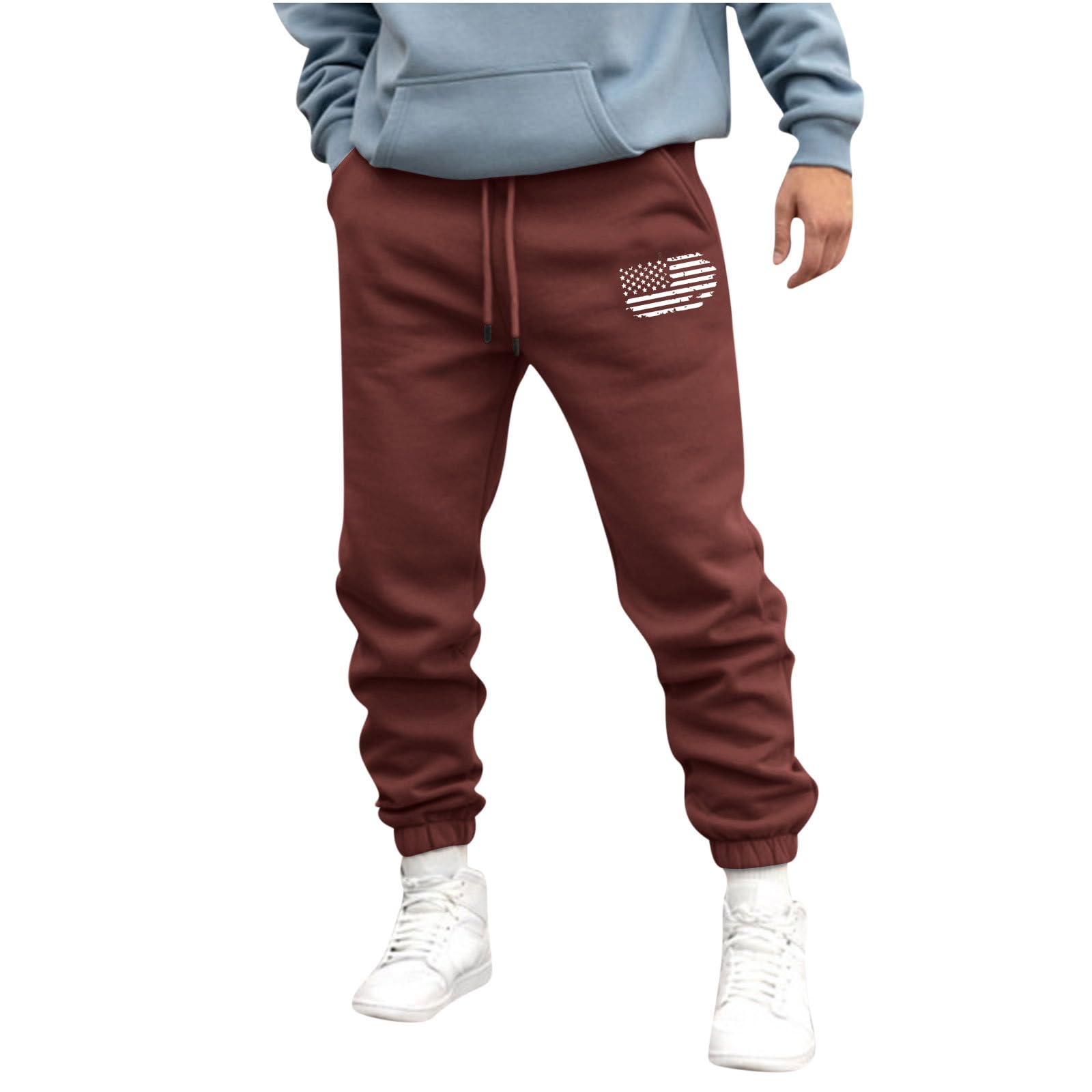 TIANEK Cheap Stuff Under 1 Dollar Cargo Pants for Men Fleece Joggers Sports Sweatpants Casual Drawstring Athletic American Flag Printed Workout Trousers Red