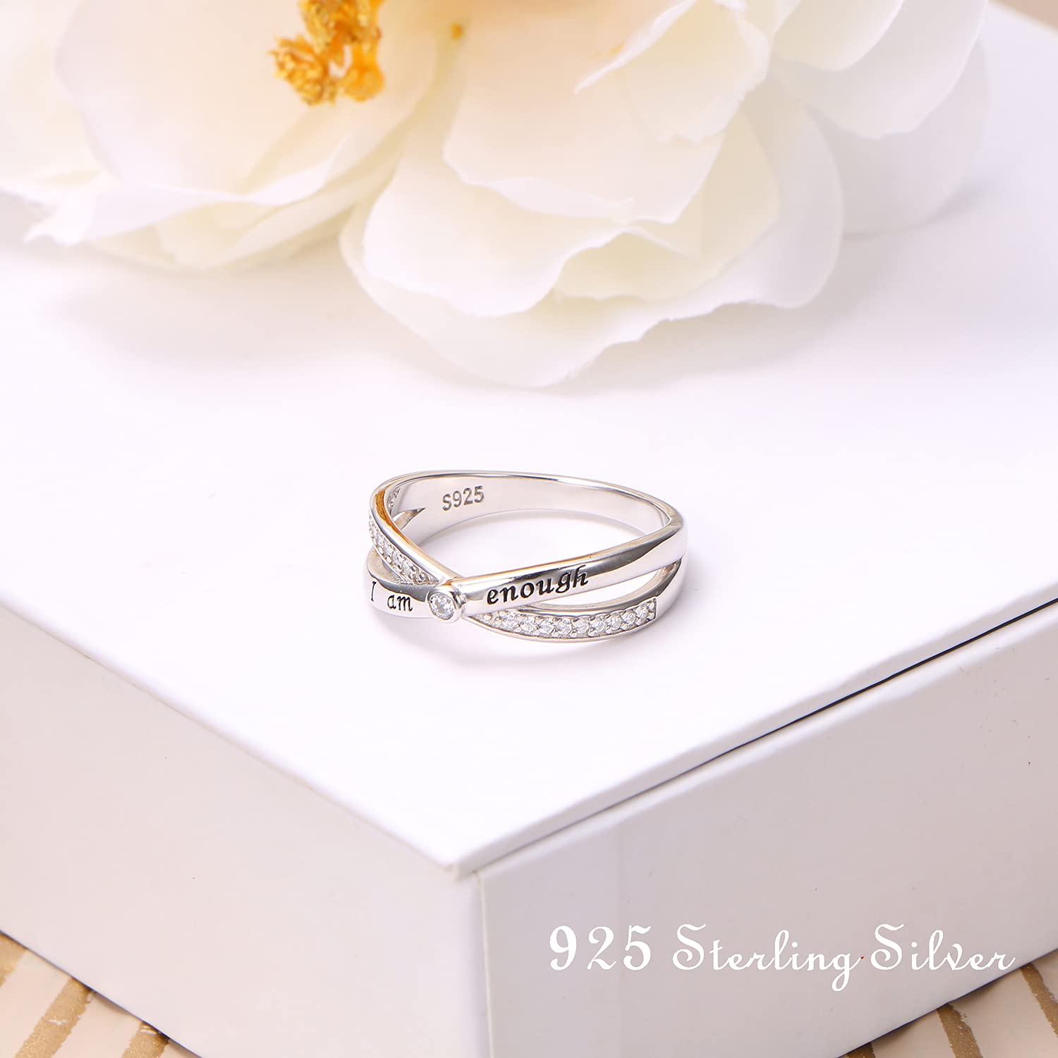Yearace I am Enough Ring 925 Sterling Silver Inspirational Ring Adjustable Rings for Women Size 7