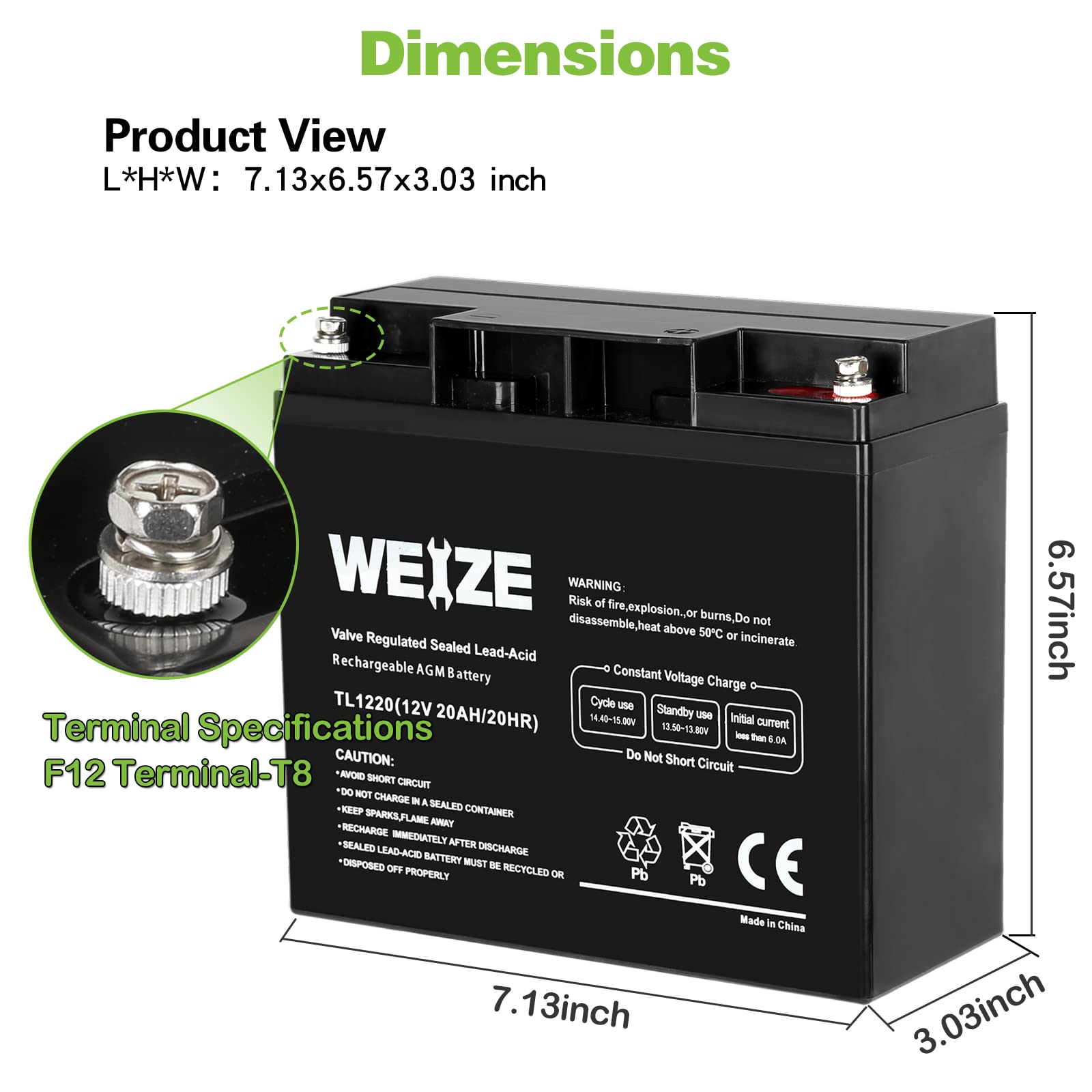WEIZE 12V 20AH Lead Acid Battery Replace UB12200 FM12200 6fm20 EXP12200 12V 20AH 22AH Batteries