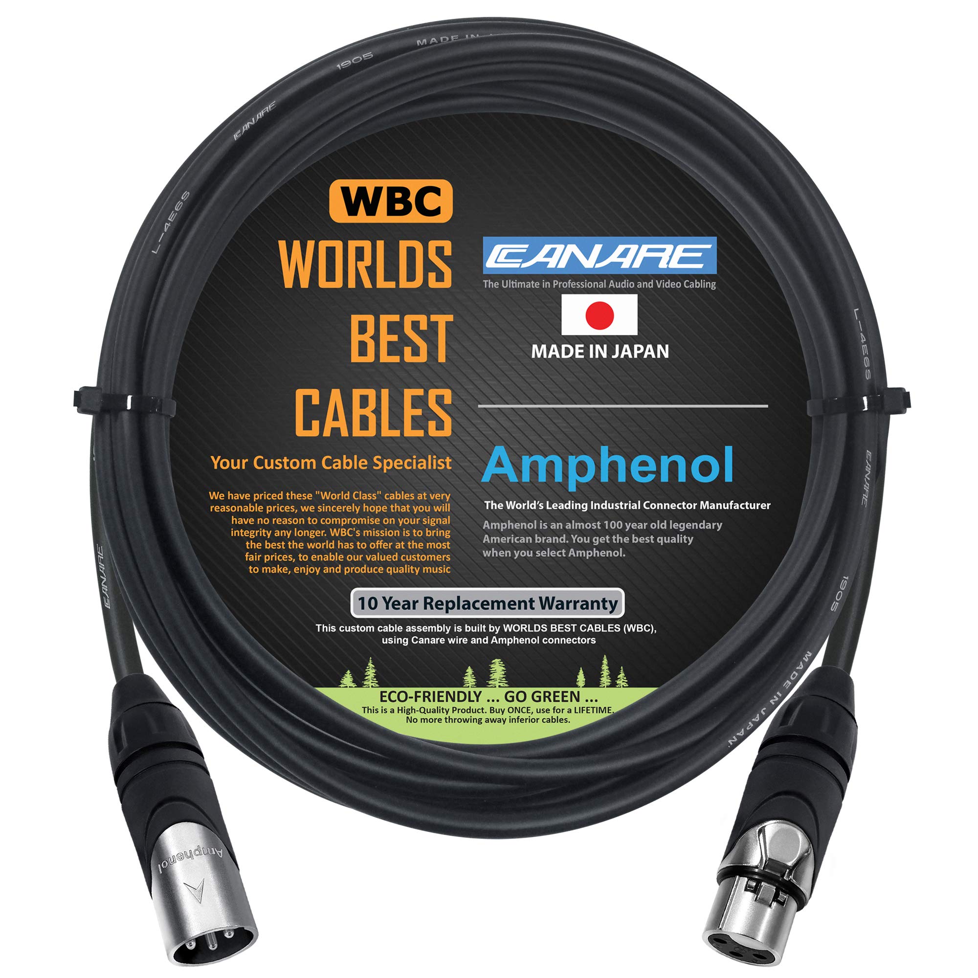 WORLDS BEST CABLES 10 Foot - Canare L-4E6S, Star Quad Balanced Male to Female Microphone Cables with Amphenol AX3M & AX3F Silver XLR Connectors - CUSTOM MADE