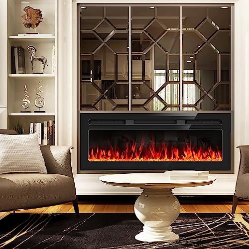 Upesitom 31" Electric Fireplace Recessed and Wall Mounted Fireplace Heater Inserts, Mirrored Led Fireplace Heater with Remote Control, Timer, Adjustable 12 Flame Color, 750/1500W, Black