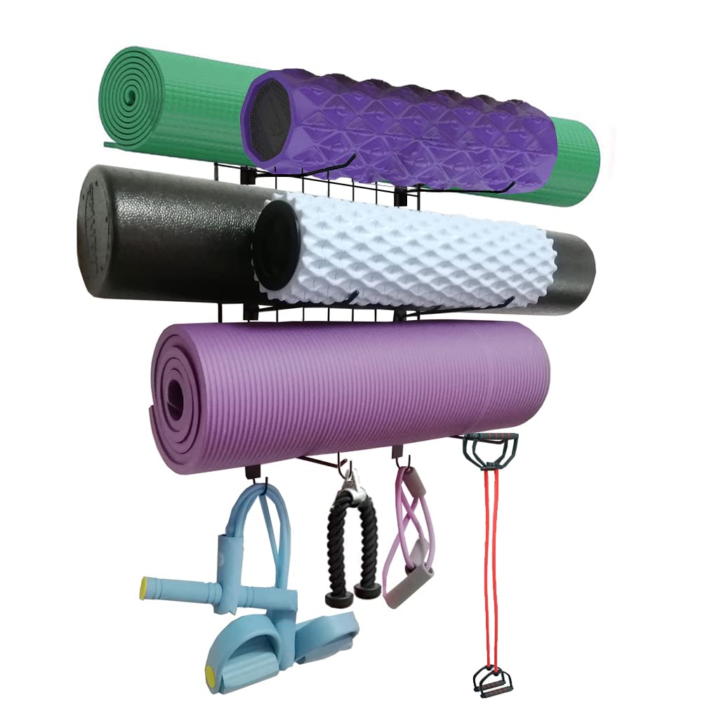 Yoga Mat Holder Wall Mount Yoga Mat Rack Foam Rollers Holder, Adjustment Spacing Exercise Equipmen with 3 Hooks for Hanging Yoga Strap Resistance Bands Ropes