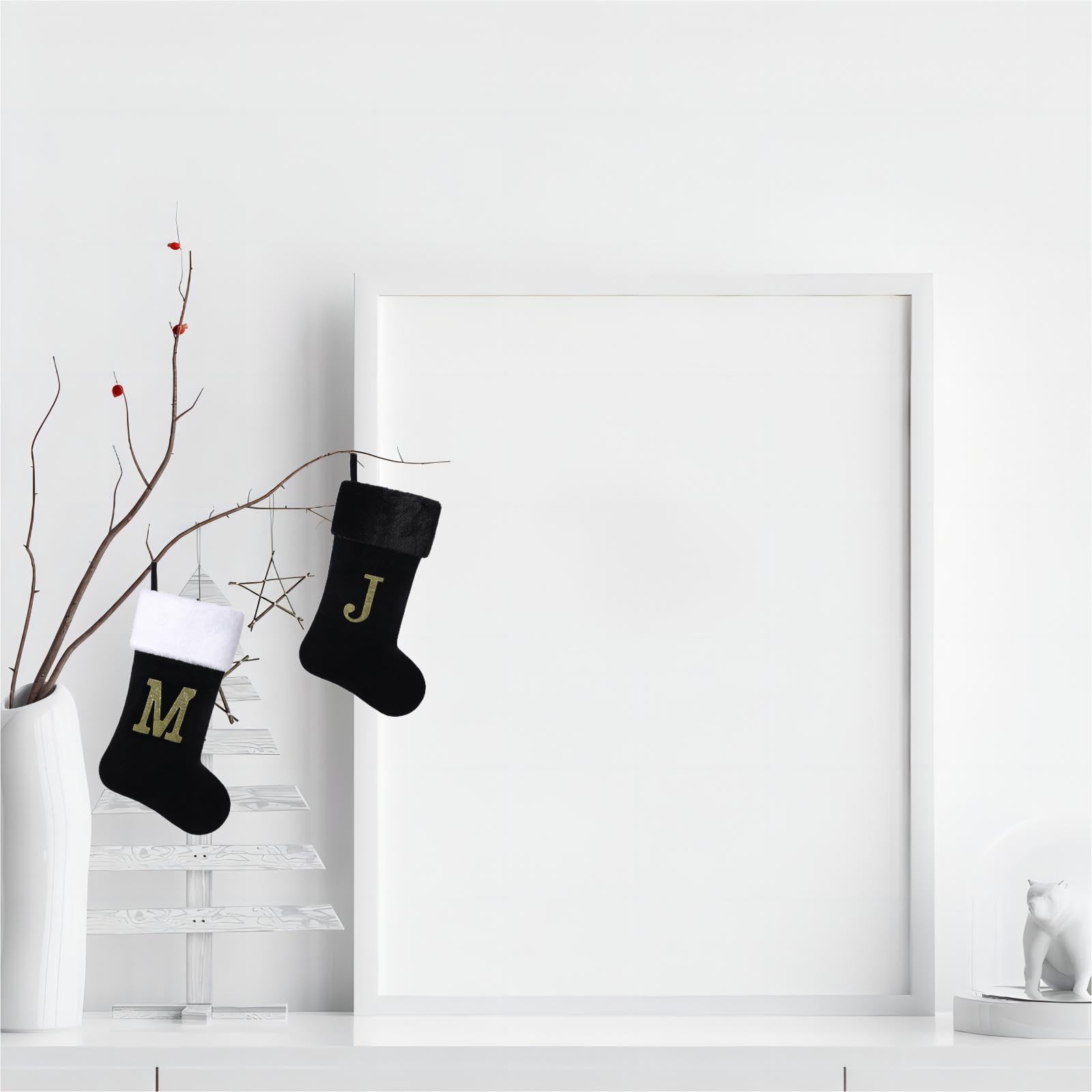 Yehnois 20 Inches Initial Monogram Christmas Stocking Personalized,Deluxe Black Velvet Body with Super Soft Plush Cuff Embroidered Letter,Holiday Season Decor(E)
