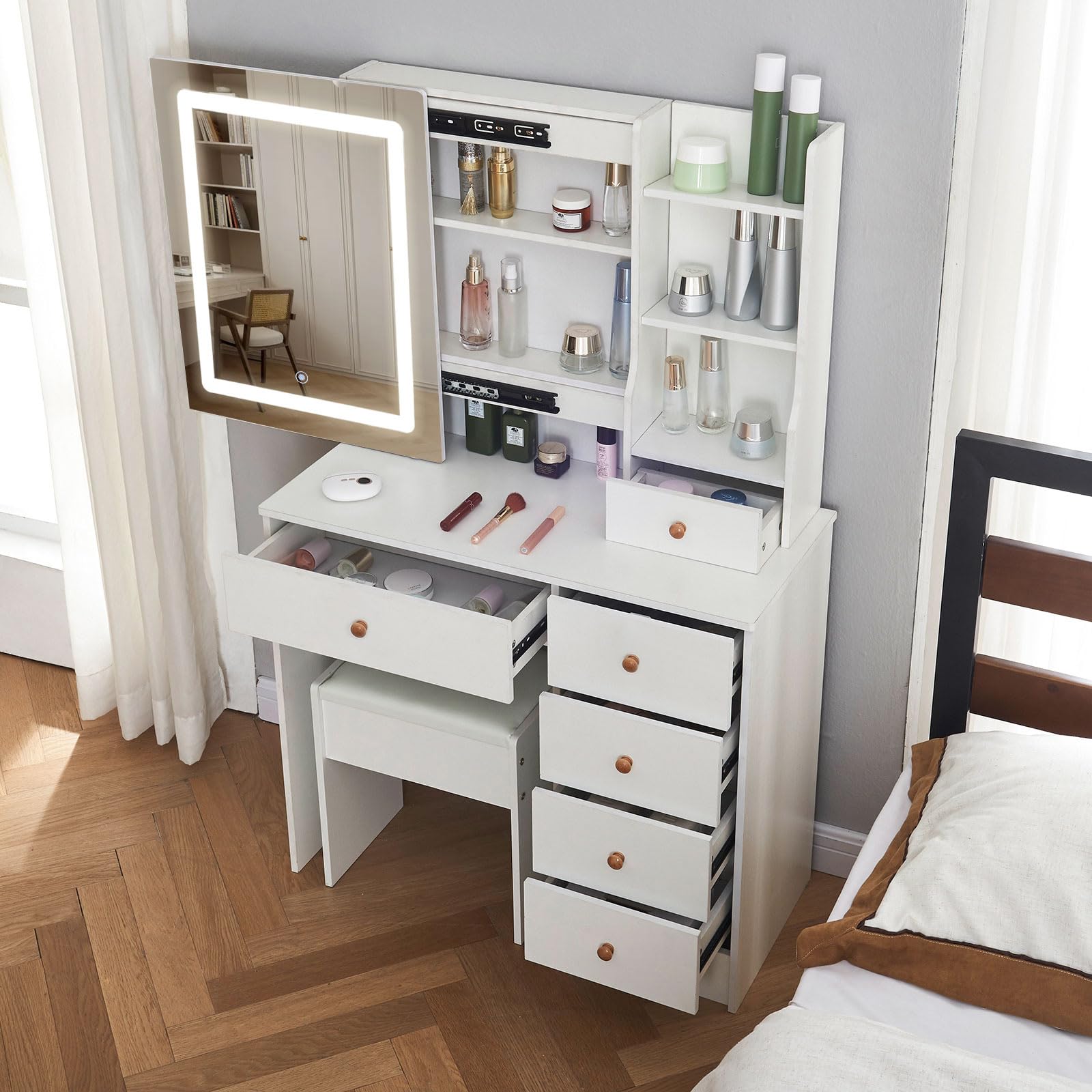 Vanity Desk Makeup Dressing Table with LED Lighted Mirror Cushioned Stool Set 3 Color Lighting Modes Storage Shelves 5 Drawers Brightness Adjustable Modern for Women Girls Bedroom White