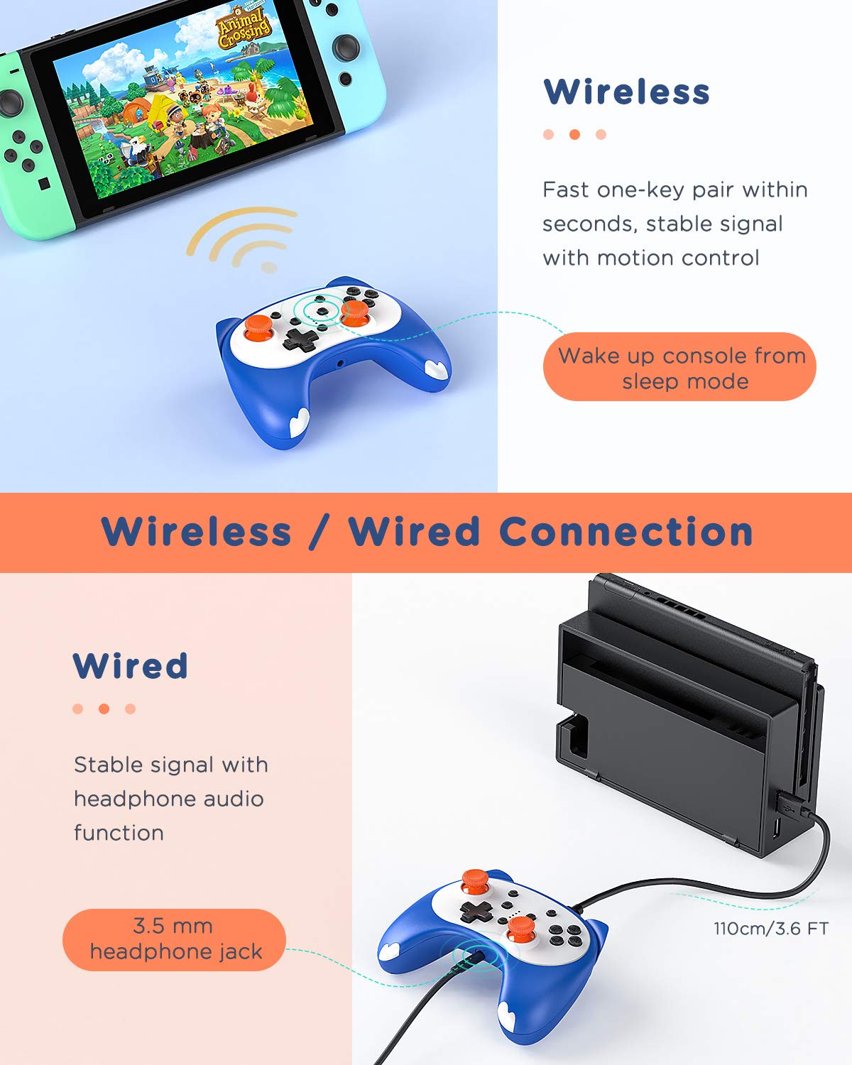 Vivefox Wireless Switch Pro Controller for Nintendo Switch/Lite Switch Remote Joypad Gamepad Replace for Nintendo Switch Cartoon Controller with Gyro Axis, Vibration, Turbo, Headphone Jack - Blue