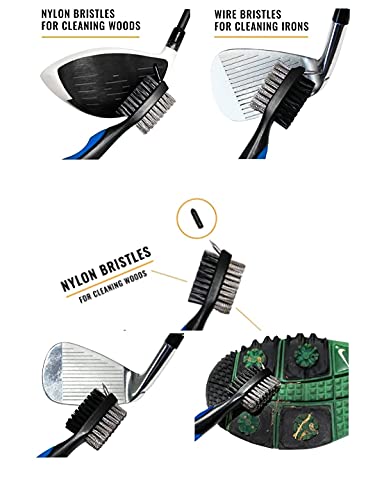 SportsGenics Golf Brush (Pack of 2) with a Golf Club Groove Sharpener - Double Sided Golf Club Cleaner - 6 Head Golf Groove Sharpener for Sharpening - Golf Club Cleaning kit - Golf Accessories