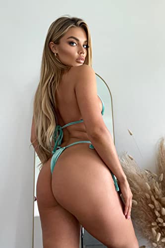 TIC TOC Women Sexy Two Piece Velvet Bikini Thong Set with Adjustable String Triangle Swim Wear Aqua, S