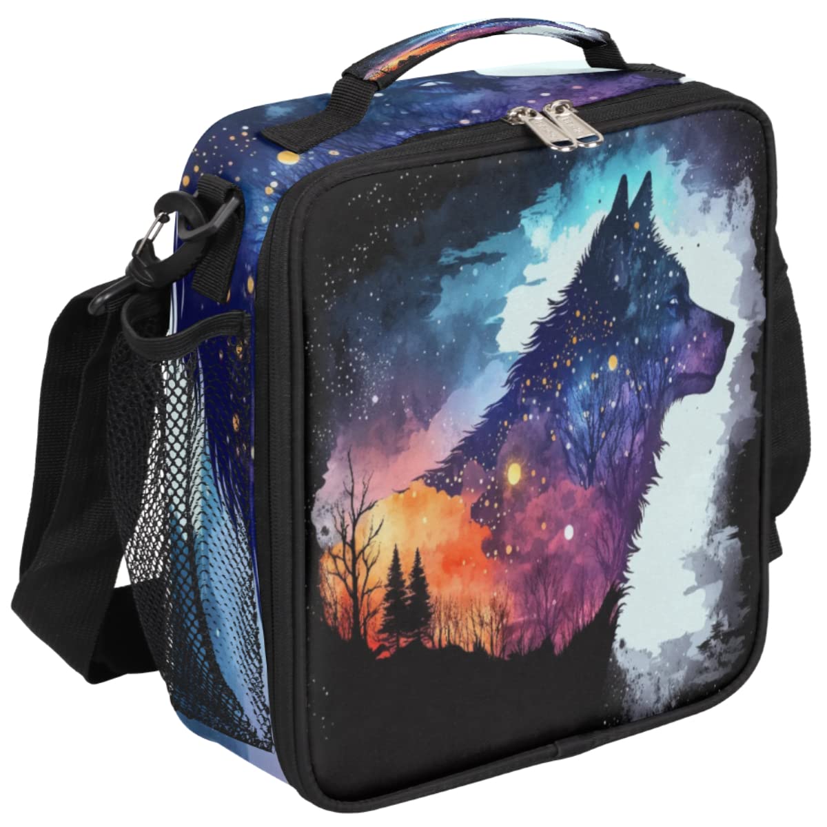 Watercolor Wolf Starry Sky Lunch Bag Insulated Lunch Box For Boys Girls Reusable Portable Leakproof Lunch Bags Thermal Cooler Bag with Shoulder Strap for Women Men Picnic Travel Work