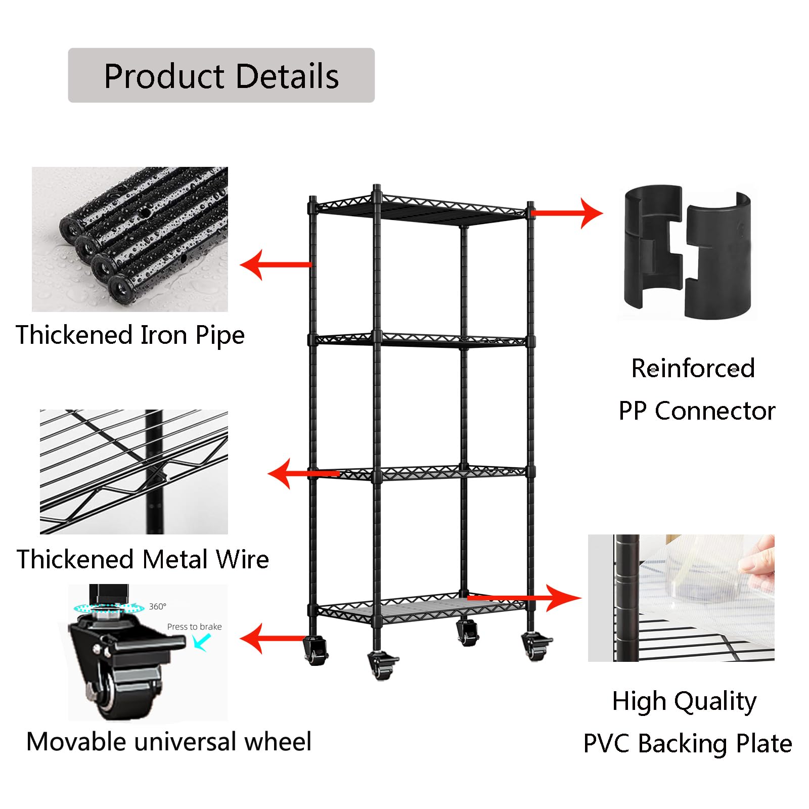 SORCEDAS Shelves 4 Tier Adjustable Utility Metal Storage Wire Rack Unit for Home Kitchen Garage Bathroom Office Indoor Black (Black, 4 Tier-with Wheel)