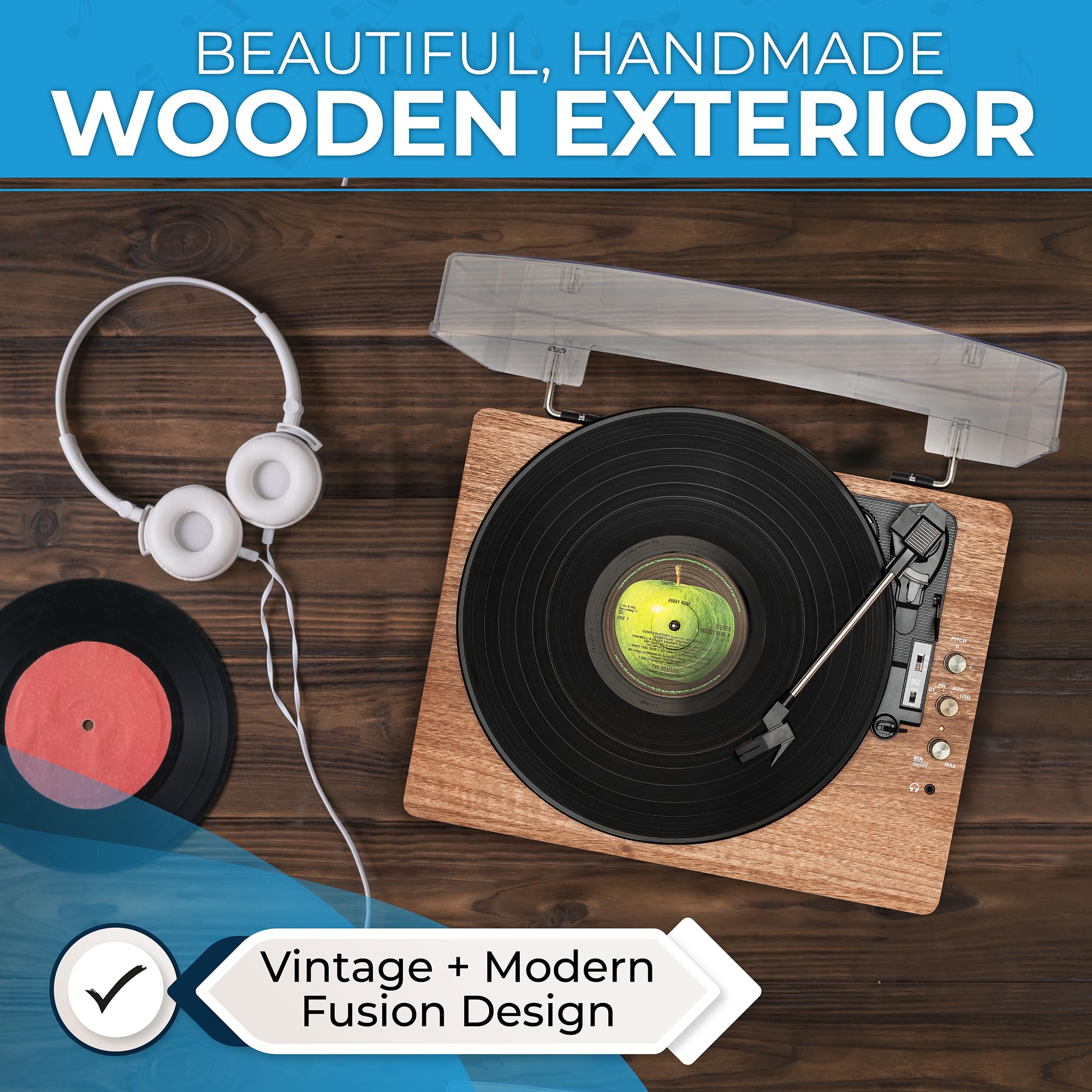 SoundBeast Retro Wooden Turntable with 3 Speed Vinyl Record Player, Built-in Stereo Speakers, Bluetooth, Aux in, USB Playback, & USB Recording to MP3