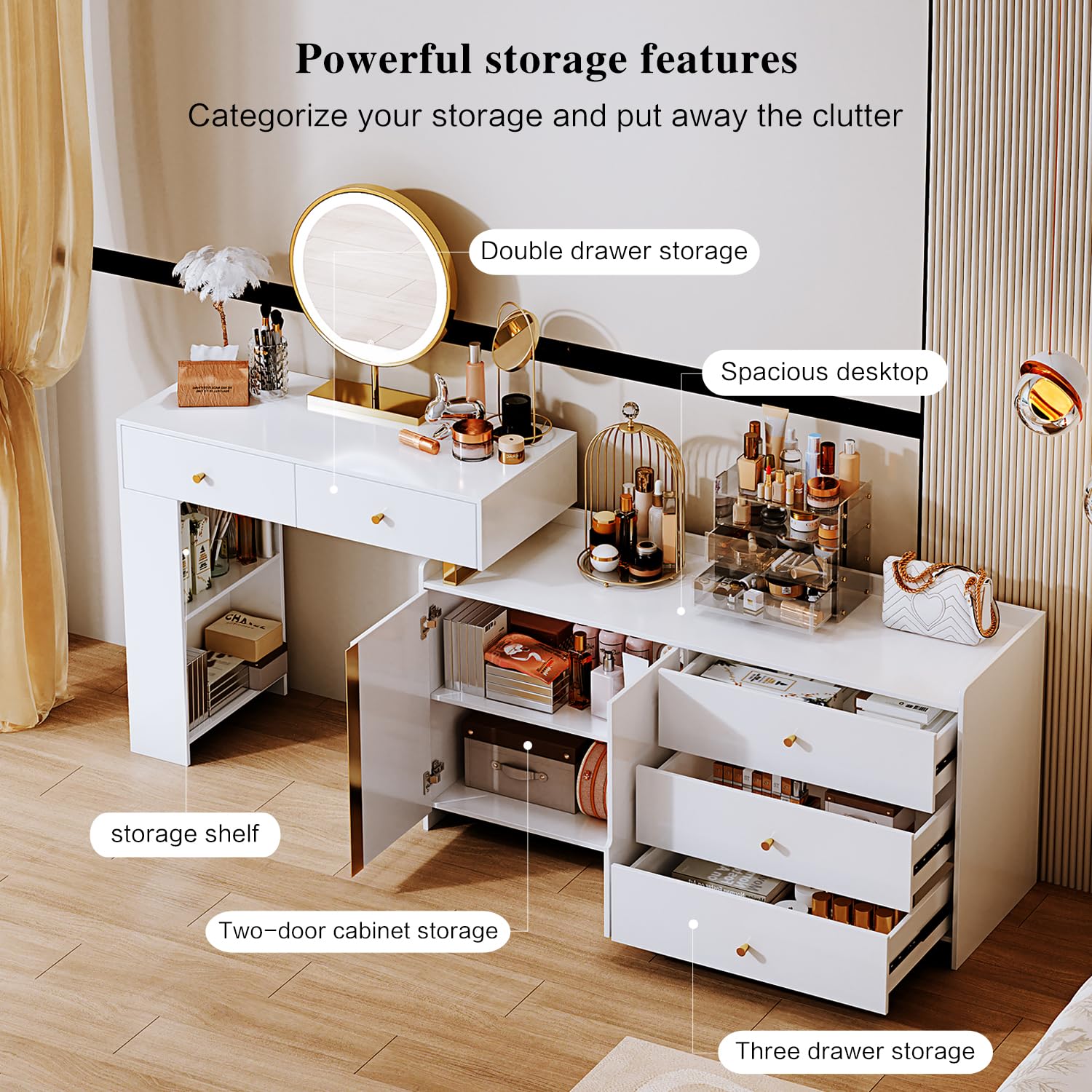 Vanity desk with mirror and lights, 3 Color Touch Screen,Modern Retractable Makeup Dressing Table with Adjustable Cabinet and 5 Sliding Drawers,Vanity Table Set ,Writing Desk Bedroom Essential,White