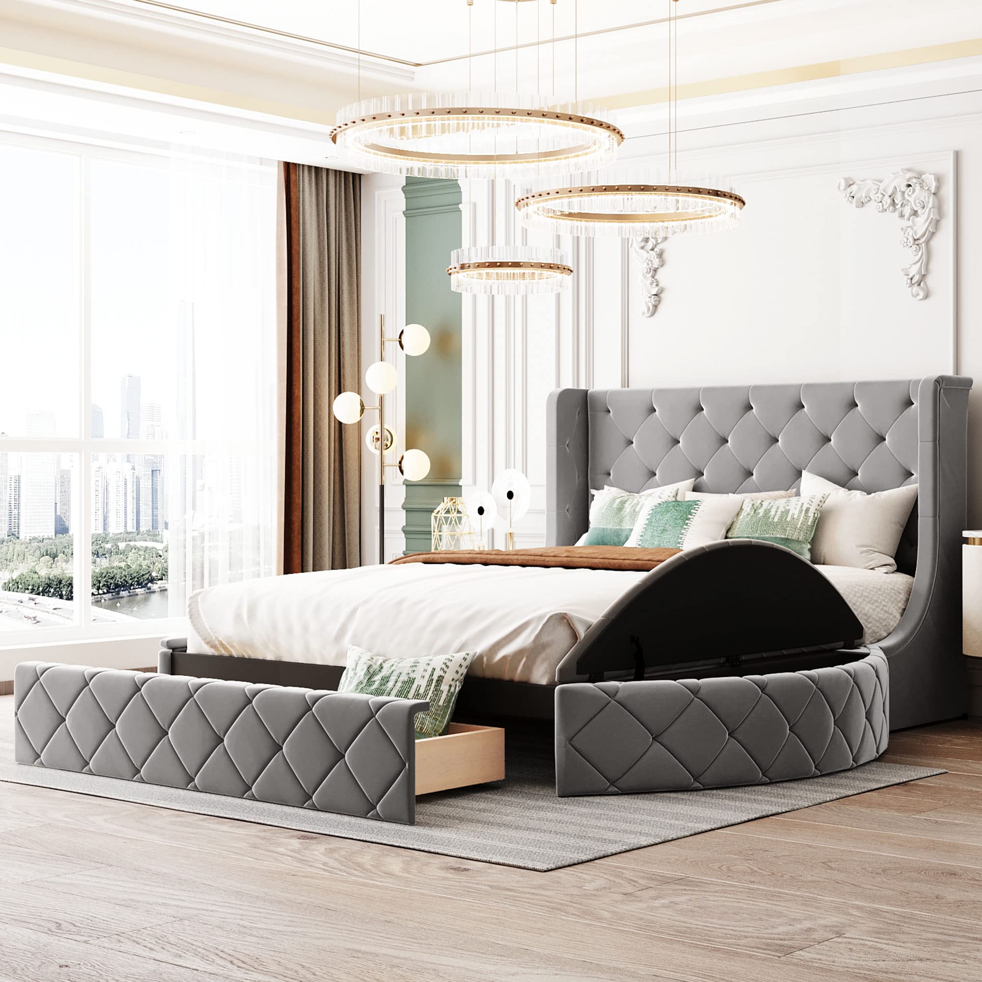 Yehha Full Size Frame w/Twin Trundle & 2 Storage Drawers, Wooden Platform Bed w/Slat Support, No Box Spring Needed, for Kids Teens Adults Bedroom, Gray, Grey