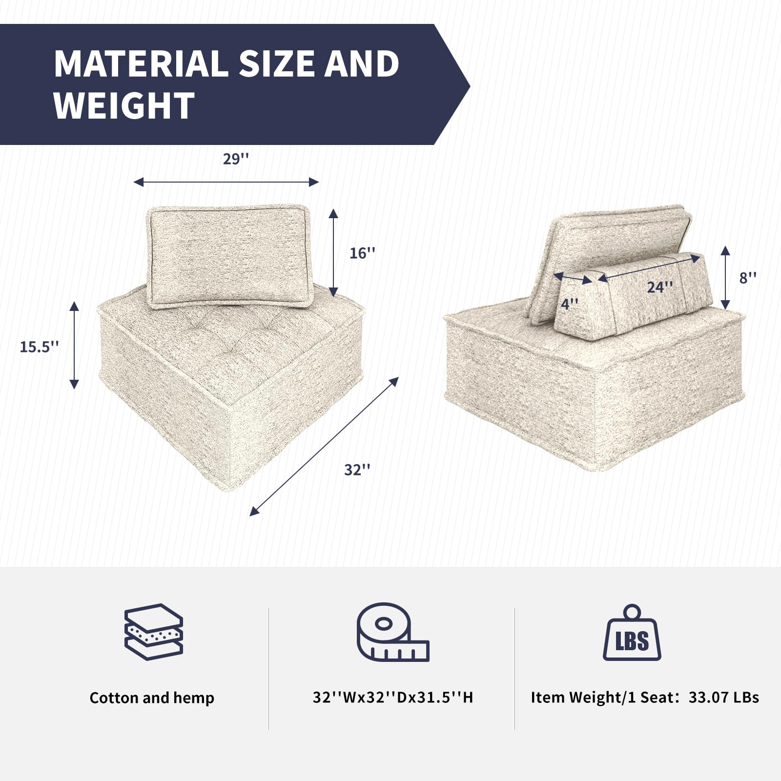 PUREMIND Modular Sofa, Loveseat Upholstered Armless Floor Sofa with Removable Back Cushion, Linen Fabric Sectional Sofa Couch for Living Room/Bedroom/Apartment, Beige,