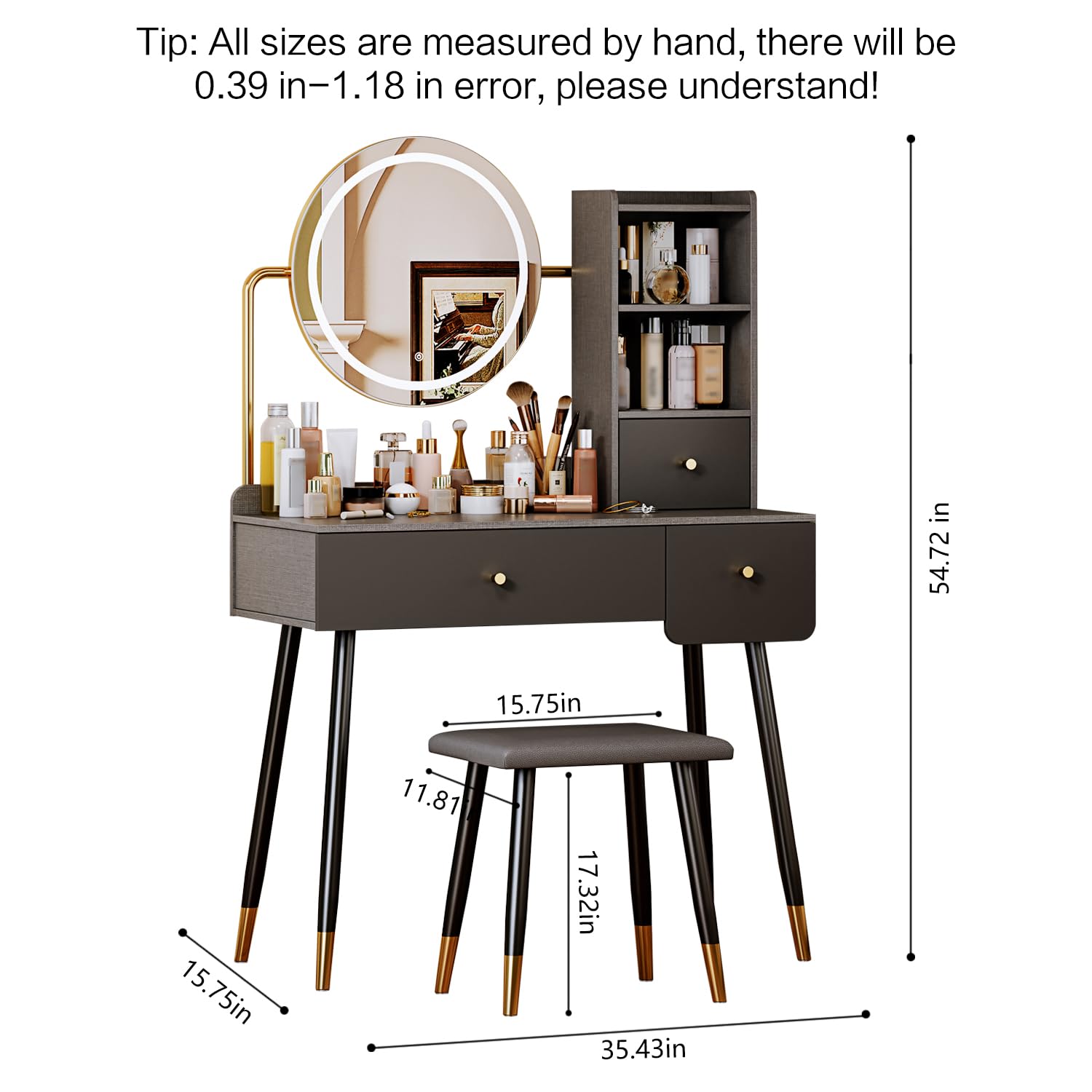 Vanity Desk,Make Vanity Set with Touch Screen Dimming Mirror, 3 Color Lighting Modes, Dressing Table with 3 Sliding Drawers, Modern Bedroom Makeup Table and Cushioned Stool Set for Women Girls,Grey