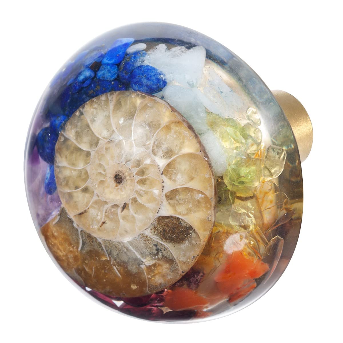 SUNYIK 4PCS 7 Chakra Ammonite Fossil Drawer Knobs with Screws, Round Crystal Stone Pull Handles for Cupboards Dressers Doors Wardrobes Furniture Home Decor