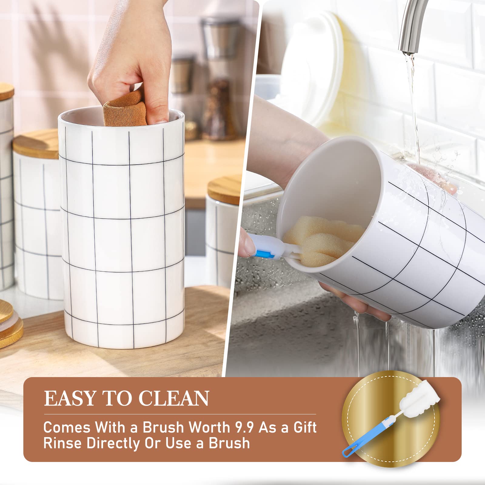 WELLCHE Kitchen Canisters Sets for Kitchen Counter Set of 6, Flour and Sugar Containers, Ceramic Canister Set Food Storage Jars with Airtight Bamboo Lid for Serving Ground Coffee, Tea, Sugar, Grain