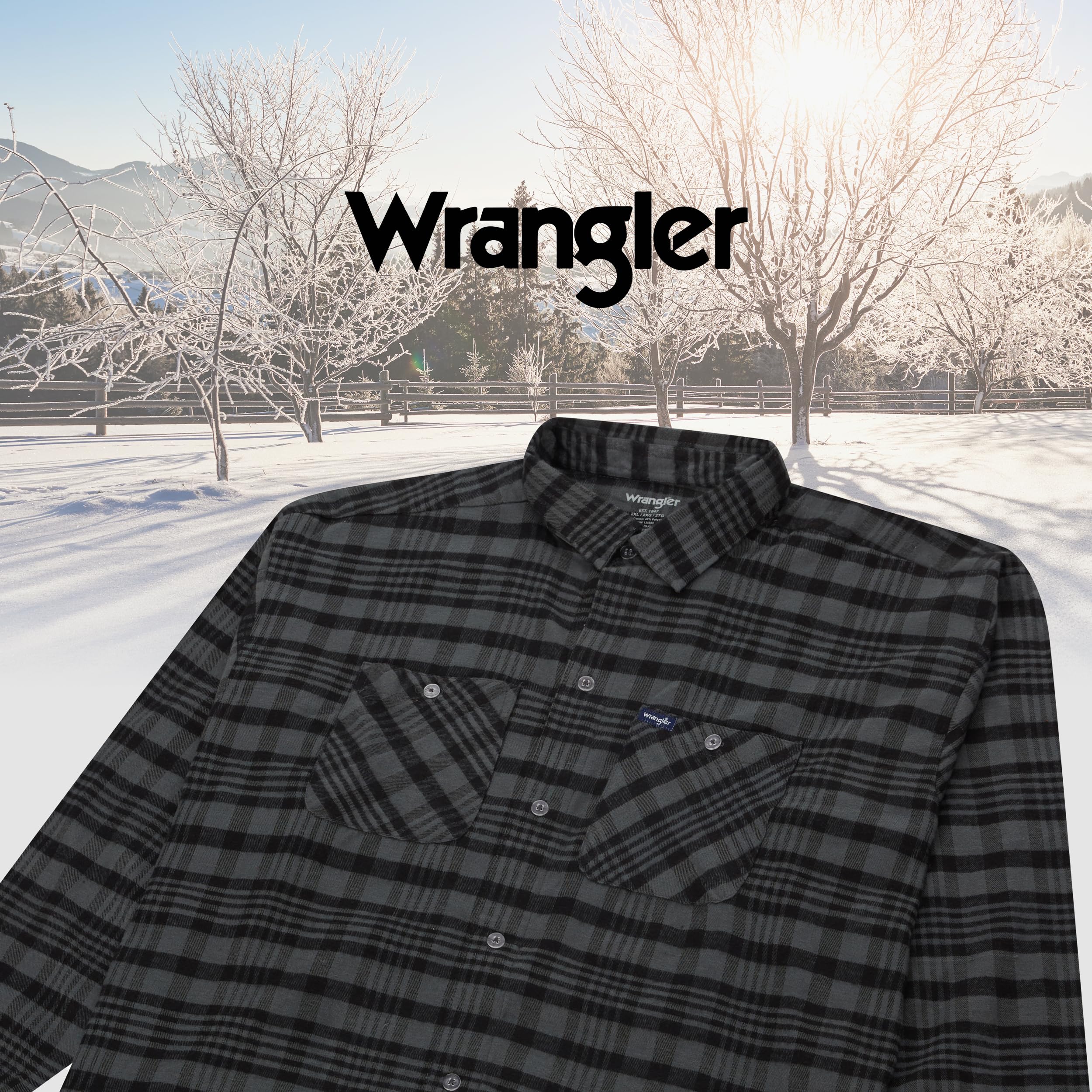 Wrangler Big and Tall Flannel Shirt for Men – Mens Button Down Plaid Shirt Charcoal/Black