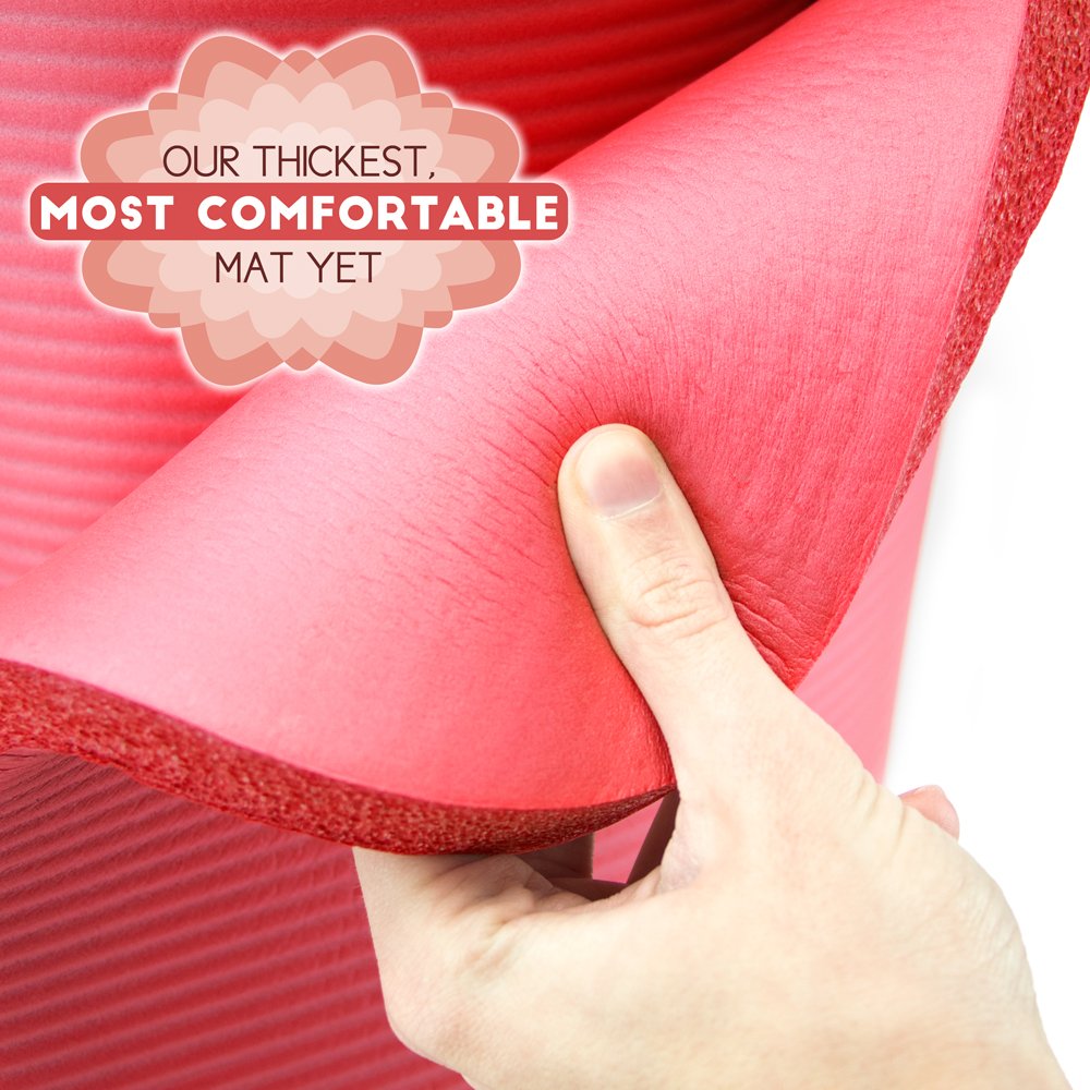 Yoga Cloud 4-pack - 1" Extra Thick Fitness Mats with Shoulder Strap - Soft Non Slip Exercise Pad for Pilates, Stretching, Gym Classes, Home Workout, Camping, Physical Therapy & Joint Relief (Red)