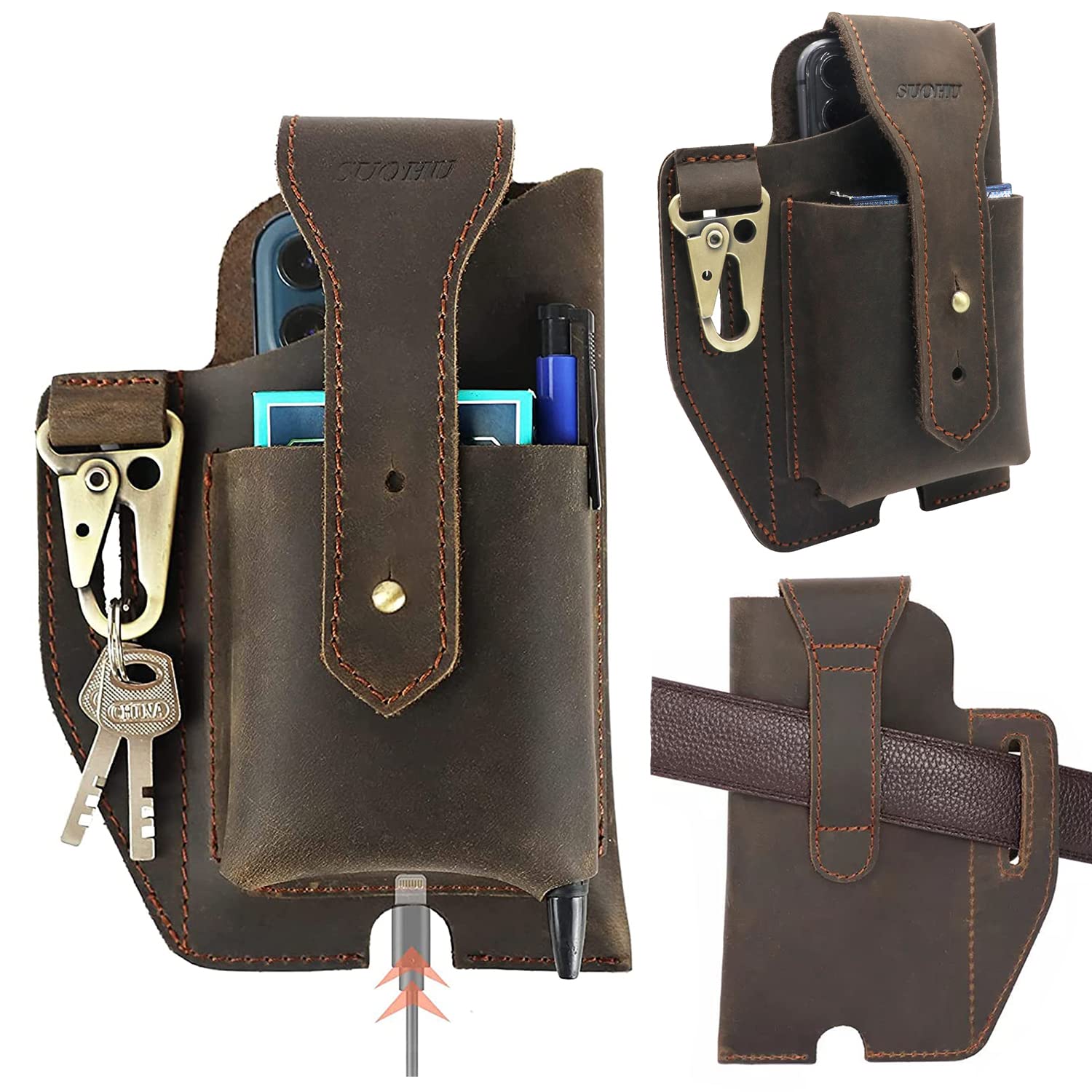 SUOHU Leather Phone Holster with Belt Clip, Flip Belt Phone Case with Magnetic Closure for iPhone 15/14/13 Pro Max, Cell Phone Belt Holder for S22 Plus, Universal Leather Phone Pouch Cases (Red Brown)