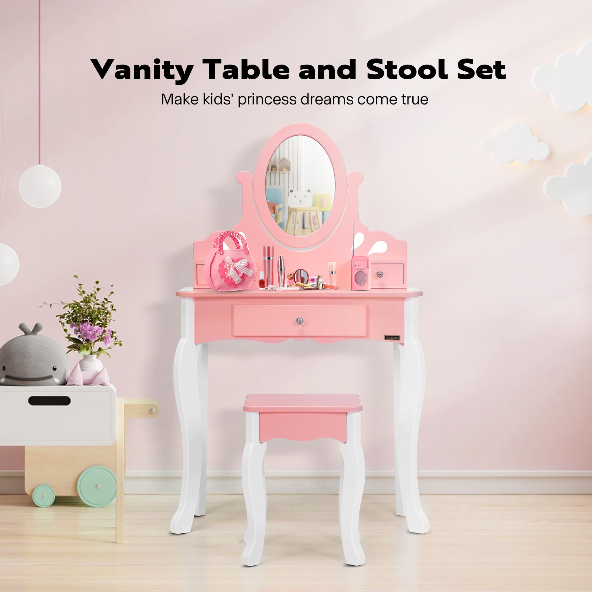 VIVOHOME Kids Vanity Set, Makeup Dressing Table with 360° Rotating Mirror for Girls, Pink Makeup Vanity Set with 10 Dimmable LED Bulbs, with 360° Rotating Lighted Mirror, White