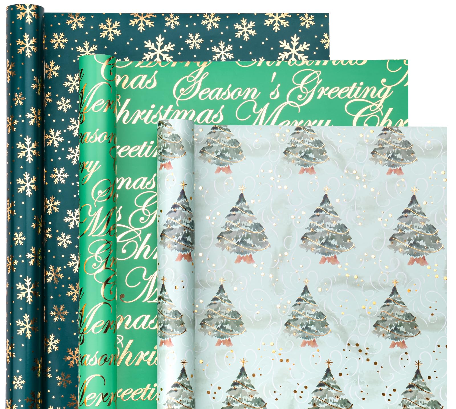 WRAPAHOLIC Christmas Wrapping Paper Roll - Mini Roll - 3 Rolls - 17 Inch X 120 Inch Per Roll - Green Christmas Tree, Snowflake Holiday Collection with Metallic Foil Shine