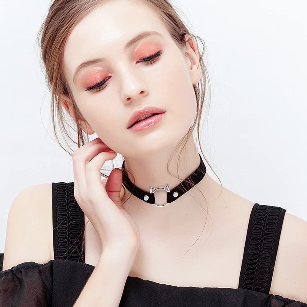 XIMEO 8PCS Black Leather Choker Necklaces - Punk Goth Adjustable PU Leather Choker Collar Metal Rivet Spiked Choker