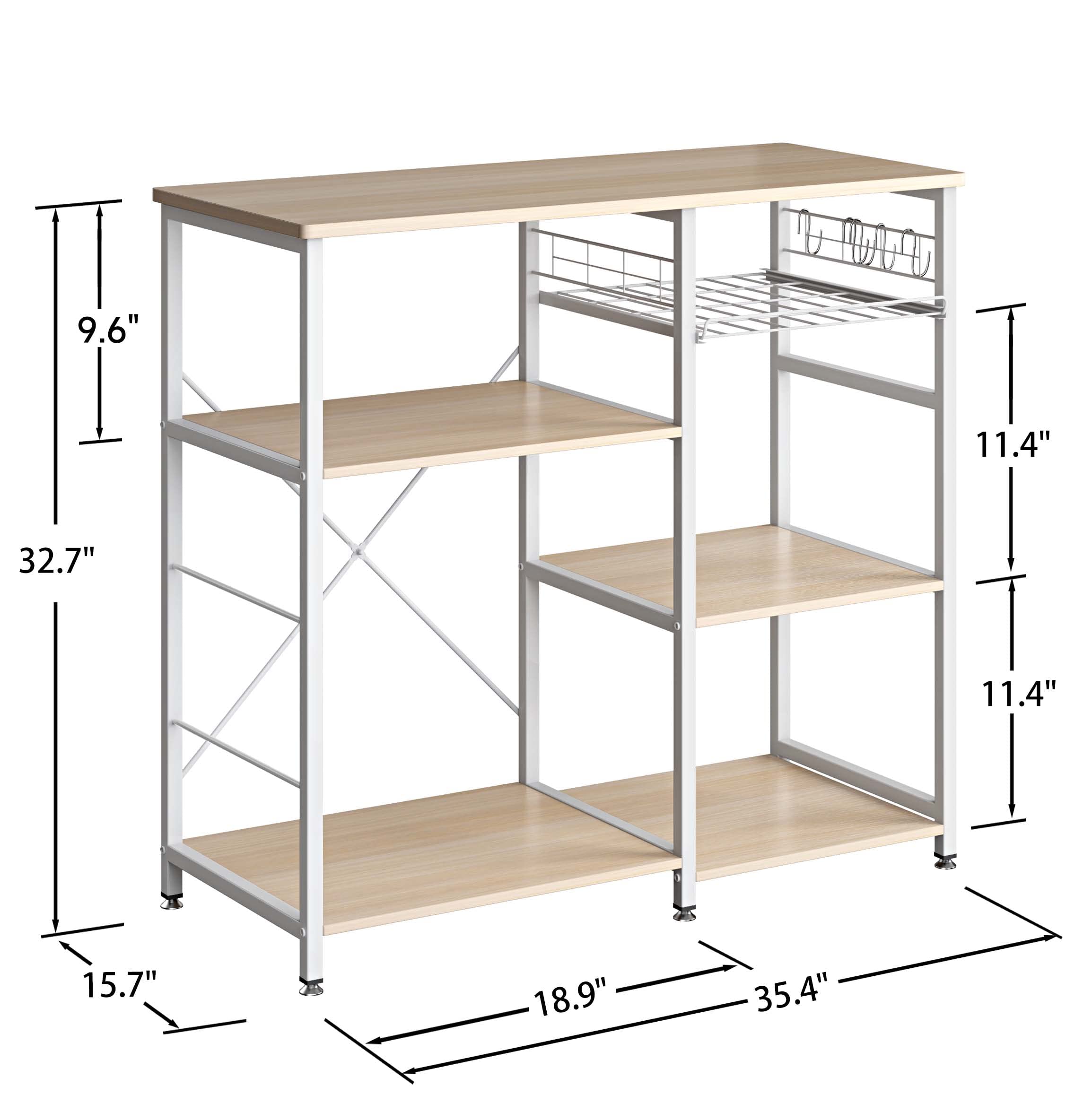Wellynap Bakers Rack, 3-Tier Microwave Stand for Kitchens with Storage, Utility Storage Shelf with 5 Hooks and Basket for Spice Rack, White Oak