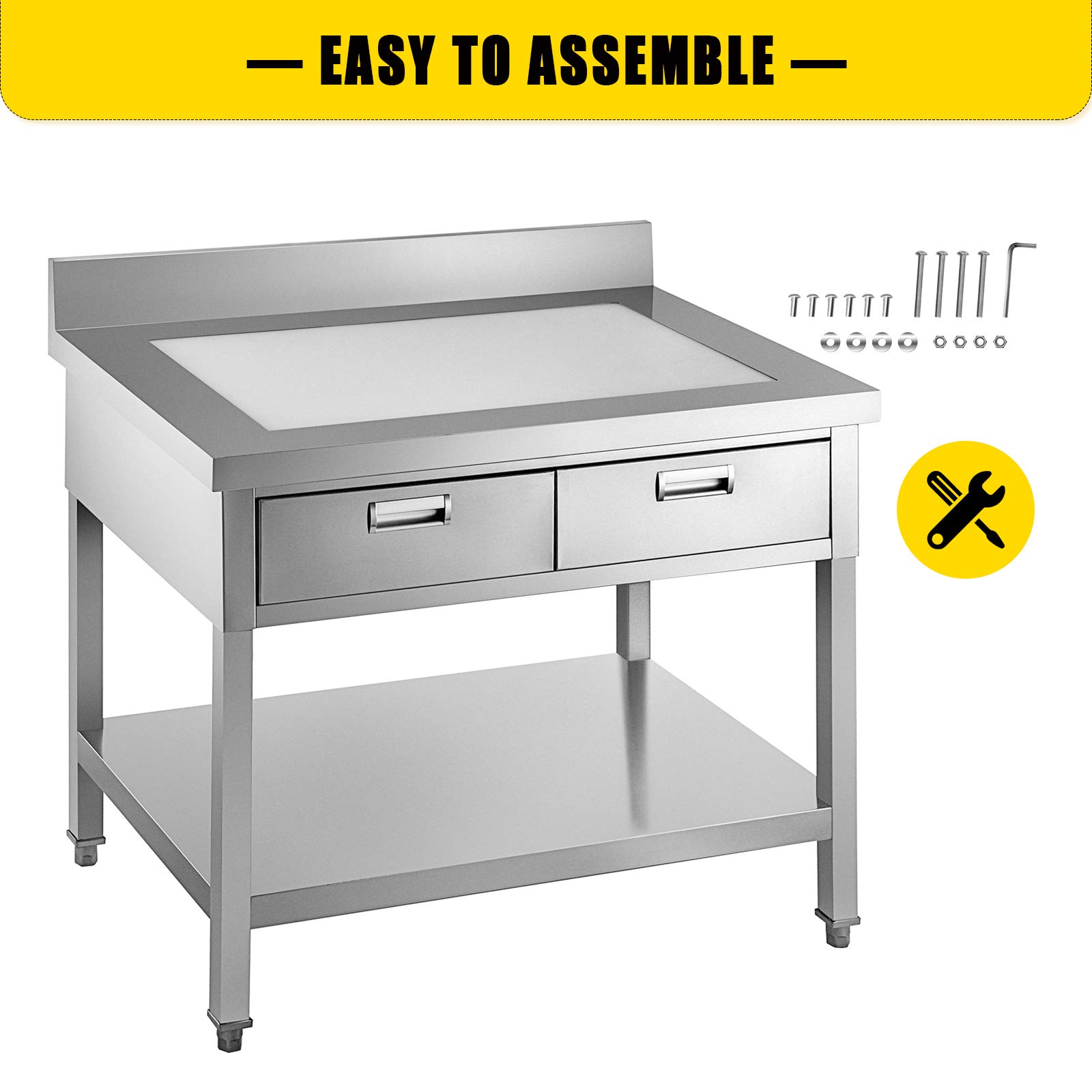 VEVOR Stainless Steel Work Table 24 x 48 in Commercial Food Prep Worktable with 2 Drawers, Undershelf and Backsplash, 992 lbs Load Stainless Steel Kitchen Island for Restaurant, Home and Hotel