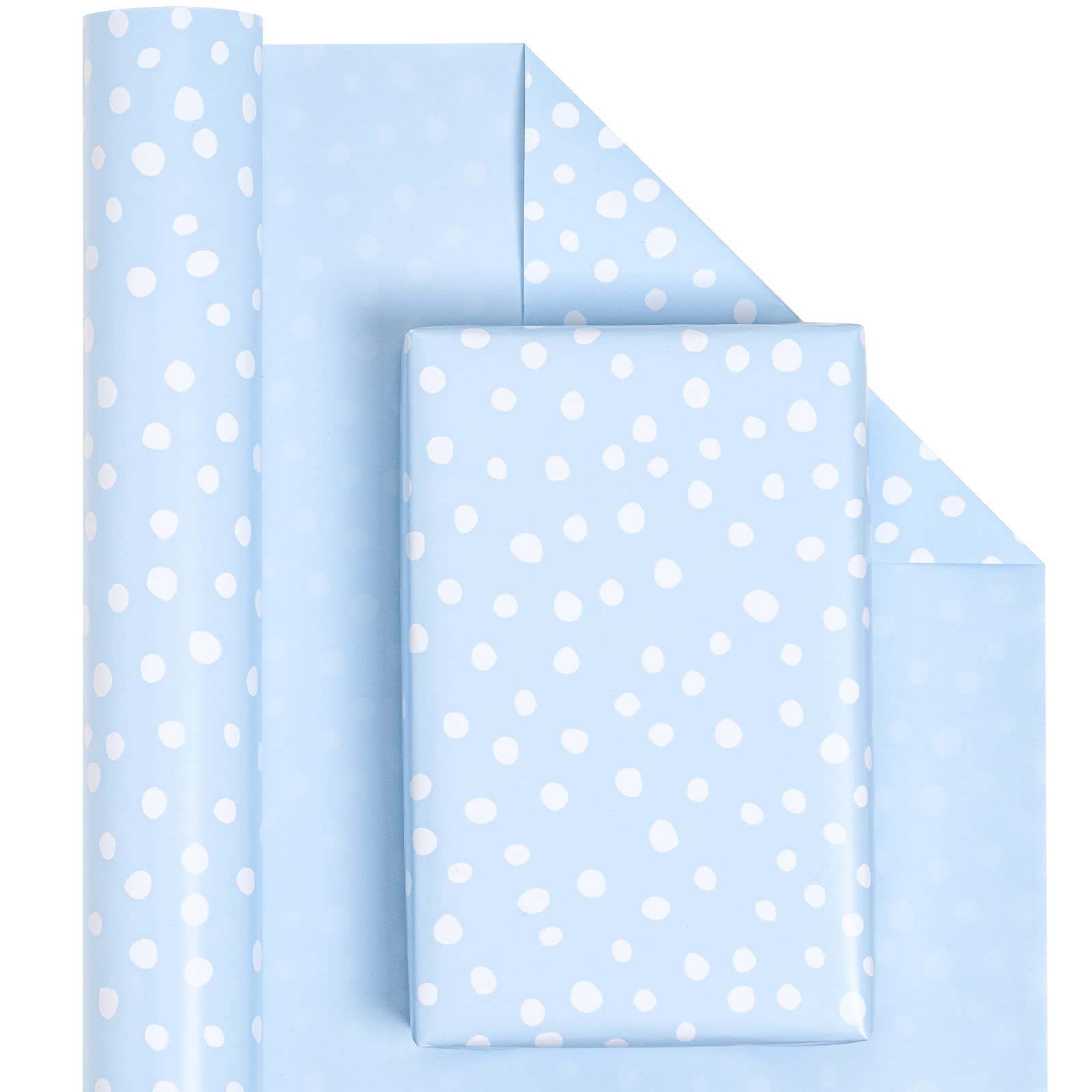 WRAPAHOLIC Reversible Wrapping Paper - Mini Roll - 17 Inch X 33 Feet - Light Blue and Delicate Polka Dots Design for Birthday, Holiday, Wedding, Baby Shower