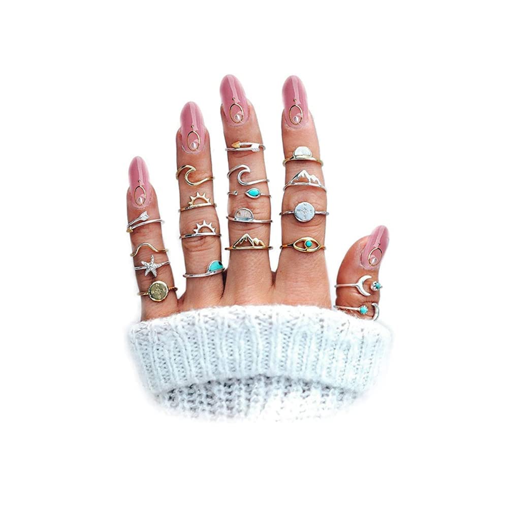 YOOESTORES82 Boho Stackable Ring Set for Women.Turquoise Star Moon Knuckle Rings Midi Finger Rings Set Retro Wave Peak Sea Stacking Joint Ring Sets