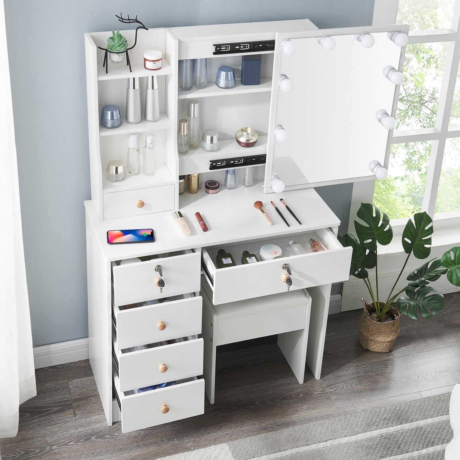 Vanity Table with Mirror and Lights, Makeup Dressing Table with Chair and 6 Drawer for Girls, Adjustable Brightness and Mode, Modern Vanity with Hidden Storage by Jingooo, White
