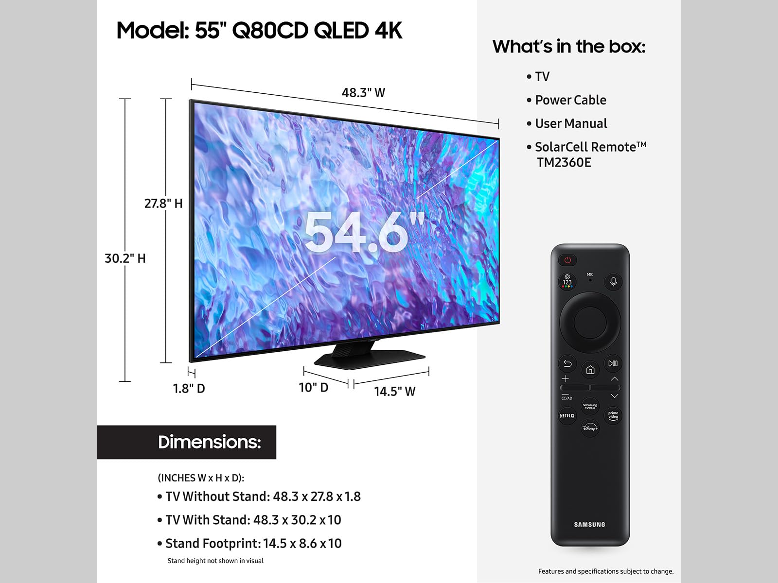SAMSUNG QN55Q80CDFXZA 55 Inch 4K QLED Quantum HDR Plus Smart TV with an Additional 1 Year Coverage (2023)