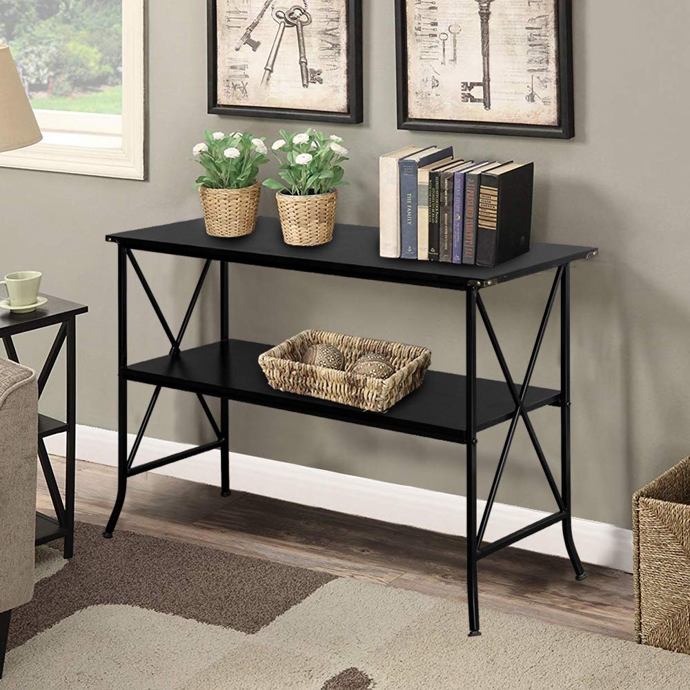 SSLine 2-Shelf Wood Sofa Console Table Classic X-Design Entryway Accent Tables 15.7" W Black Finish Hall Table Home Office Occasional Bookcase Display Shelves Organizer w/Metal Frame, Easy Assembly