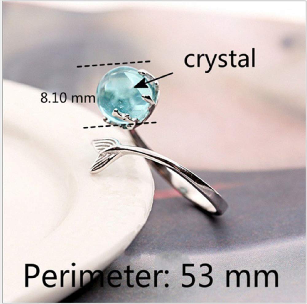 XUSIOAKKM Mermaid S925 Sterling Silver Blue Crystal Fishtail Adjustable Size Opening Ring