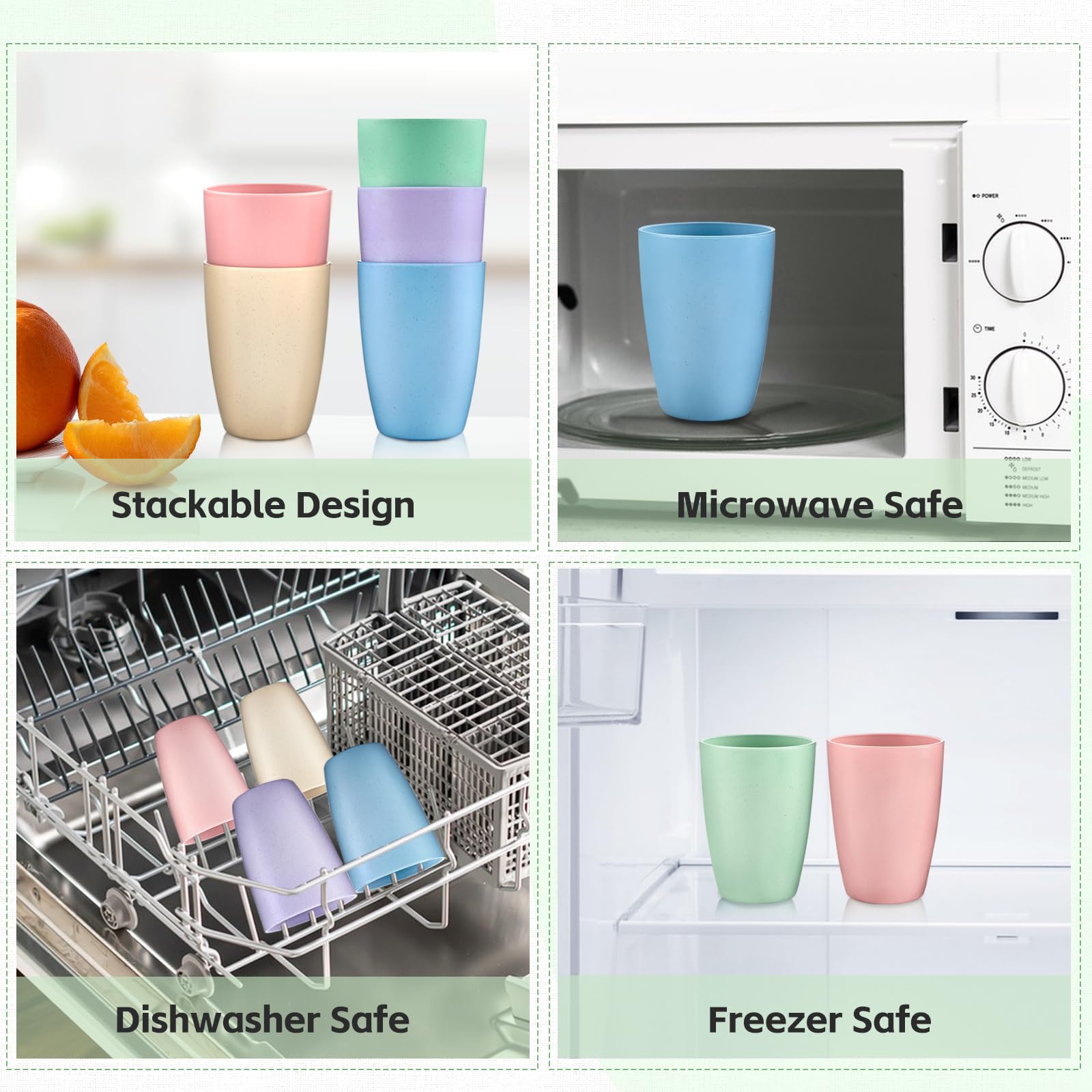 ZORRITA 5 Pack 12 oz Wheat Straw Cups, Reusable Plastic Drinking Cups Unbreakable Water Glasses Dishwasher Safe Tumblers for Juice, Soda, Milk, Coffee