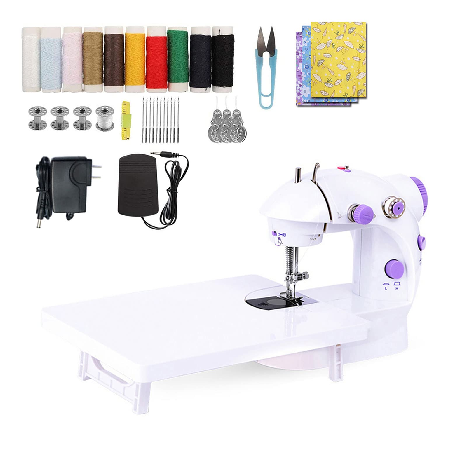WIENOLOA Mini Sewing Machine with Extension Table and Sewing Machine Accessories Cotton Fabric Two Threads Double Speed Double Switches Household Kids Beginners Travel Automatic Sewing Machine Kit