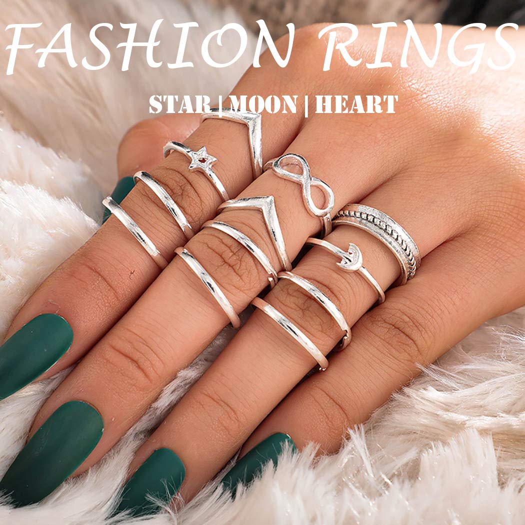 VFlowee Silver Star Knuckle Rings Set Boho Vintage 8" Shape Stacking Finger Ring Moon Midi Joint Rings Nail Accessories for Women and Teen Girls (Design-1)