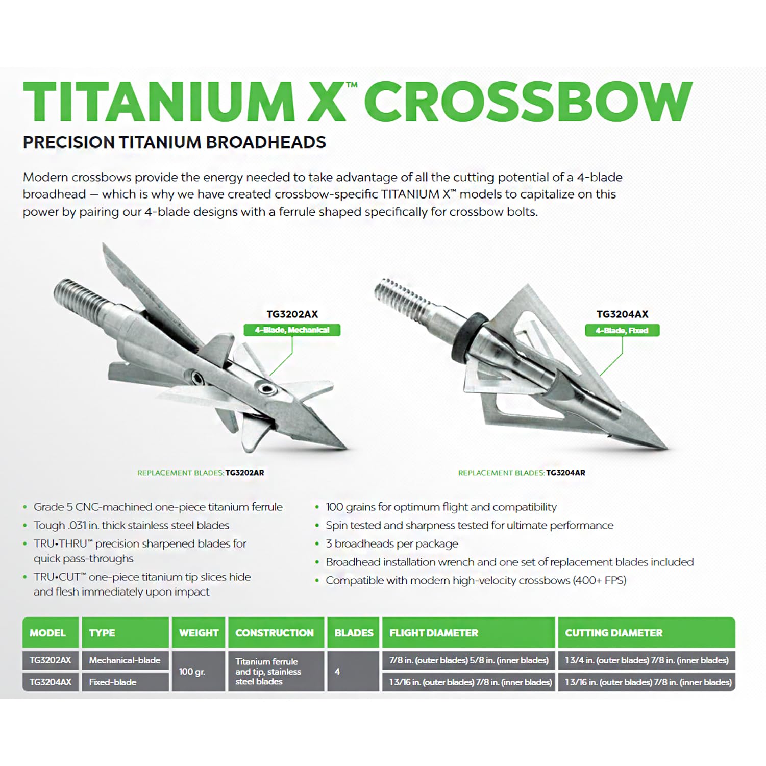 TRUGLO Apex Archery Titanium X 100-Grain Crossbow Broadheads - 3-Pack, 4-Blade Fixed