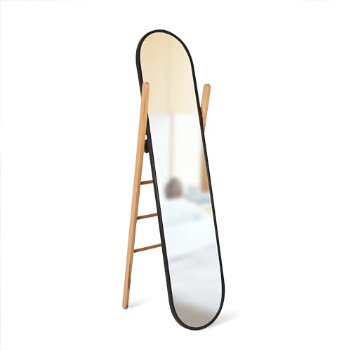 Umbra Hub Floor Length Mirror with Storage Rack, Modern Black Rubber Rim and Solid Wood Storage Ladder, Black/Natural Finish