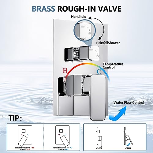 Shower Faucet Set, 10 Inches Rainfall Shower System with High Pressure Rain Shower Head with Handheld, Square Shower Faucet Wall Mounted Bathroom Luxury Rain Mixer Shower Complete Combo Set