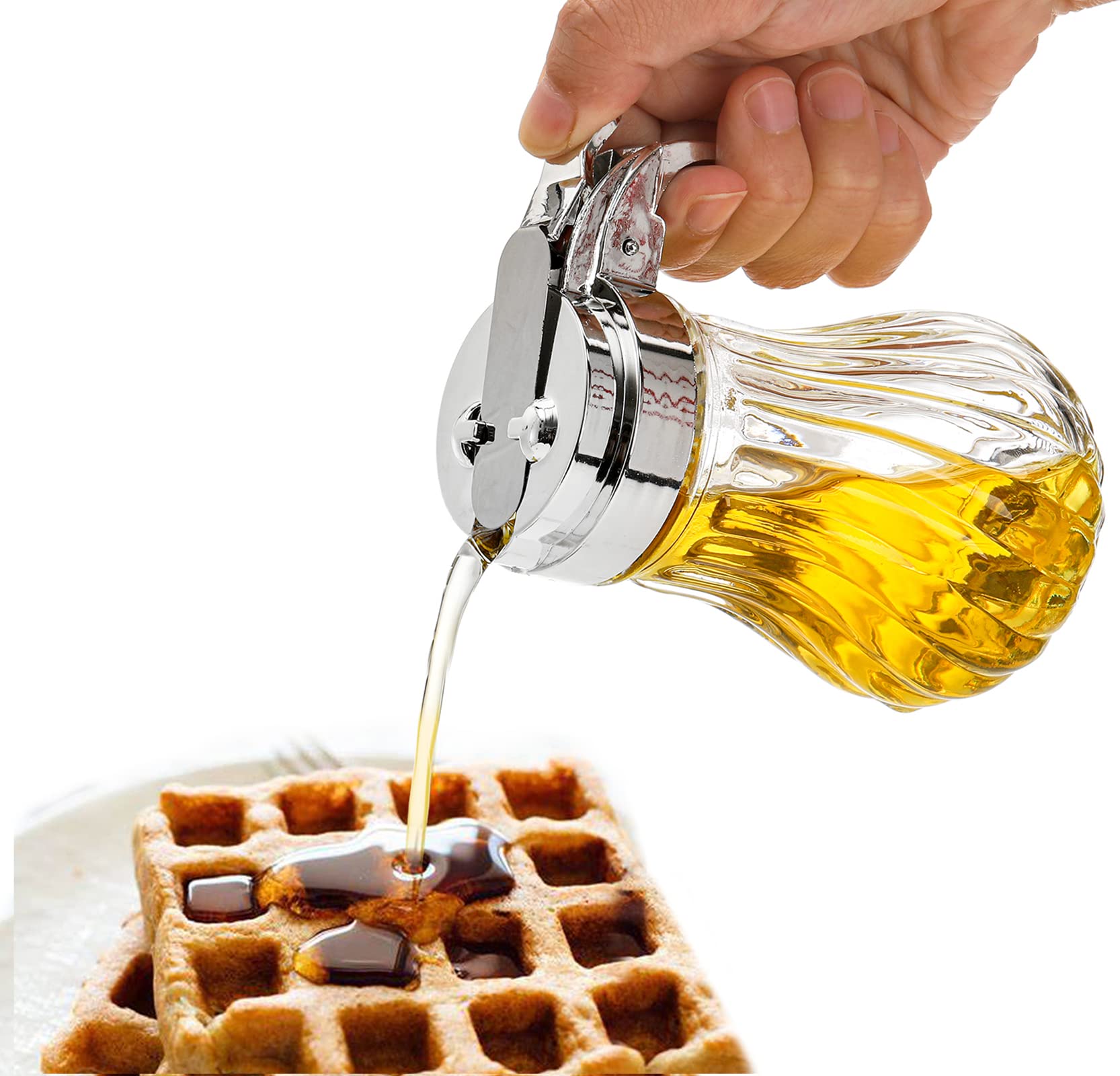 Yesland 4 Pack Syrup Dispenser, 6 oz Glass Bulb Sugar Dispenser Jar with Plastic Lid, Stripes Pattern Honey Pot Glass Jar for Maple Syrup, Chocolate Syrup, Sugar, Milk