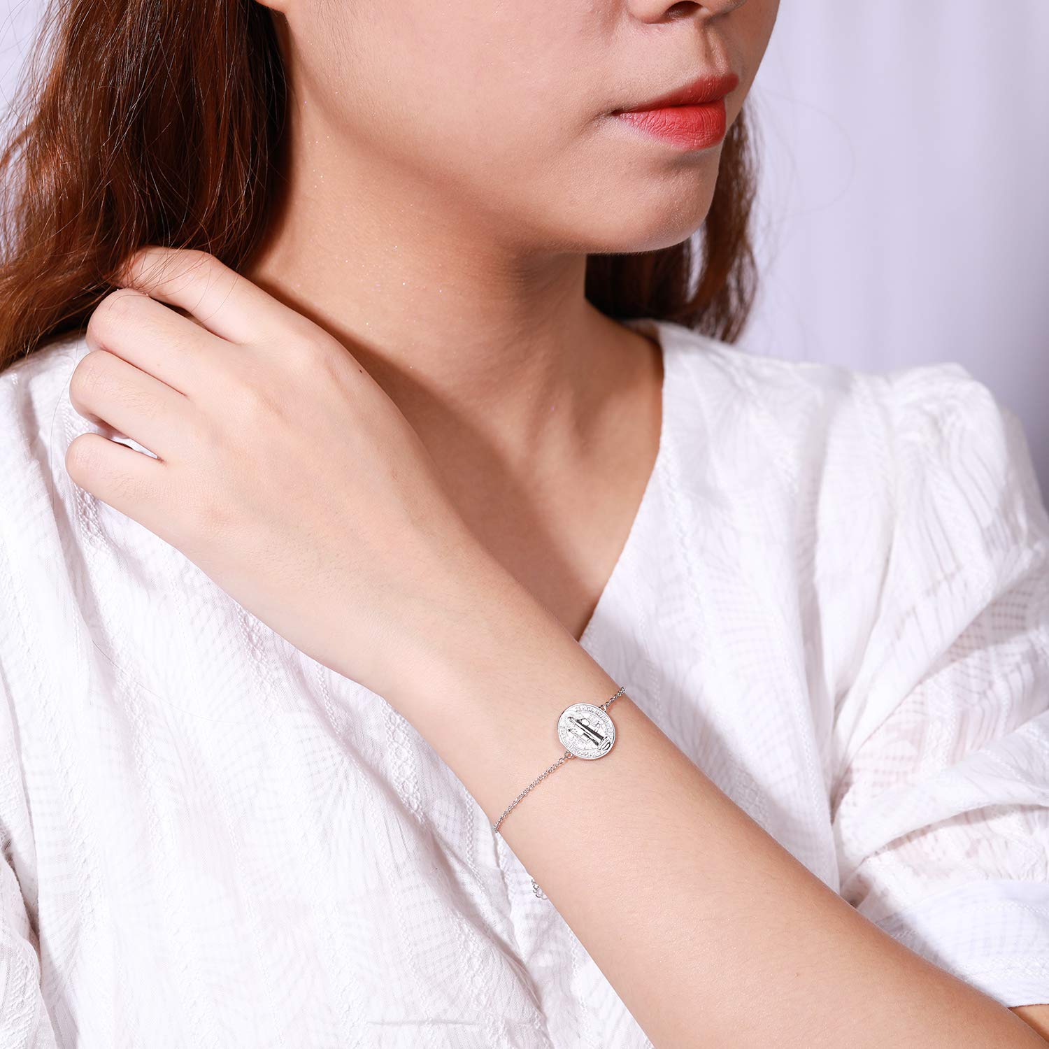 WIOY Saint Benedict Medal Bracelet 925 Sterling Silver, San Benito Medalla Bracelet, Catholic st Benedict Jewelry Gift for Women