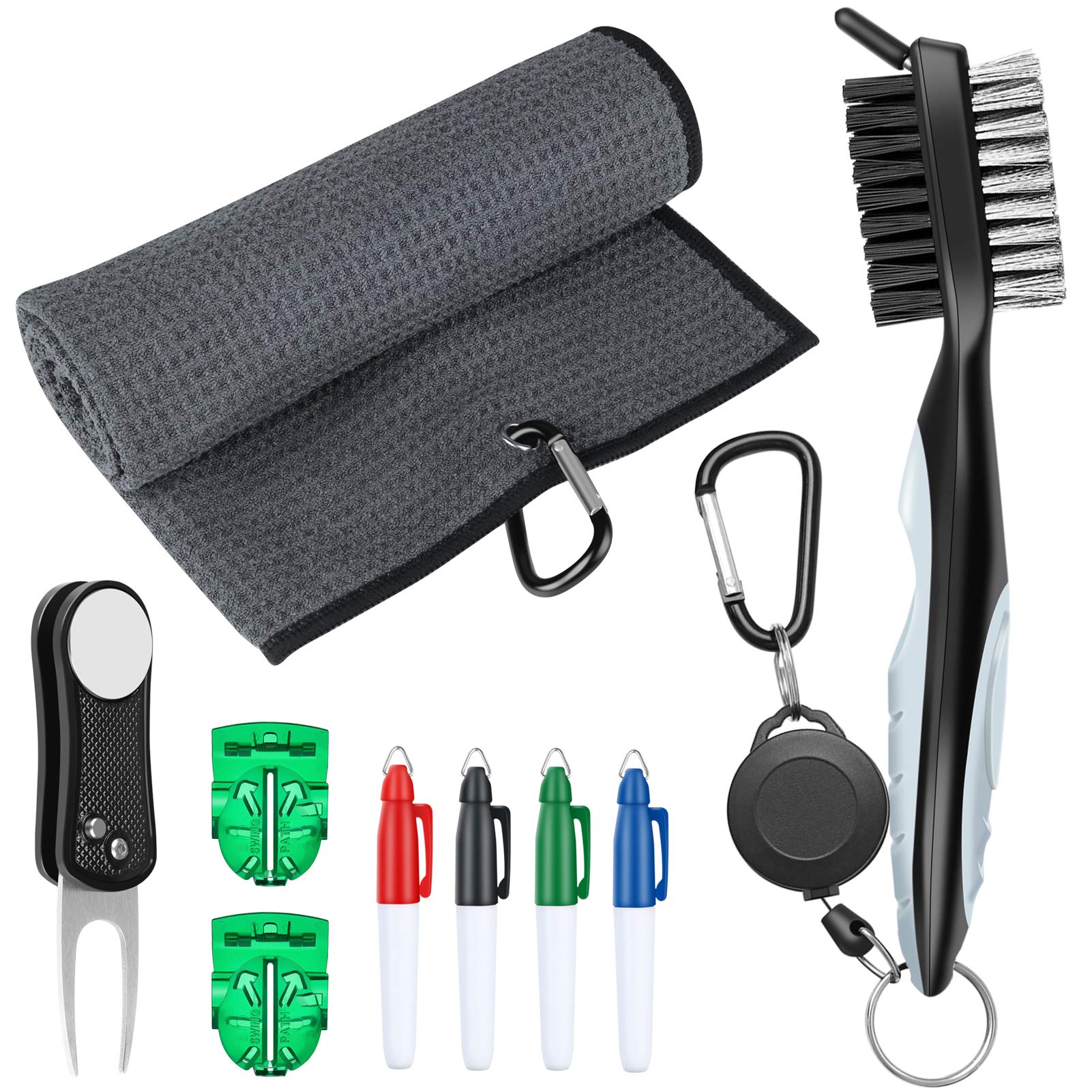 XAegis GT14 Golf Accessories with Golf Towel and Golf Club Brush, Foldable Divot Repair Tool, Golf Ball Alignment Kit, Golf Club Cleaning Kit