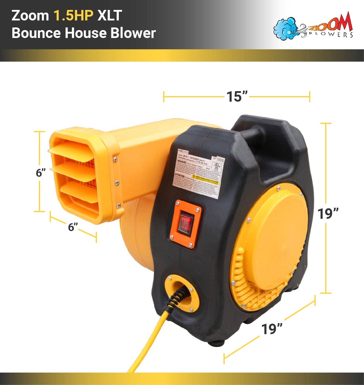 Zoom Blowers XLT 1hp Inflatable Bounce House Blower Fan, Energy Efficient, Commercial Electric Low Amp Draw Air Blower for Inflatables, Water Slide, Bouncy House, or Obstacle Course for Kids