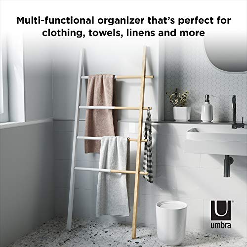 Umbra Hub Ladder β Adjustable Clothing Rack for Bedroom or Freestanding Towel Rack for Bathroom | Expands from 16 to 24 inches with 4 Notched Hooks, White/Natural