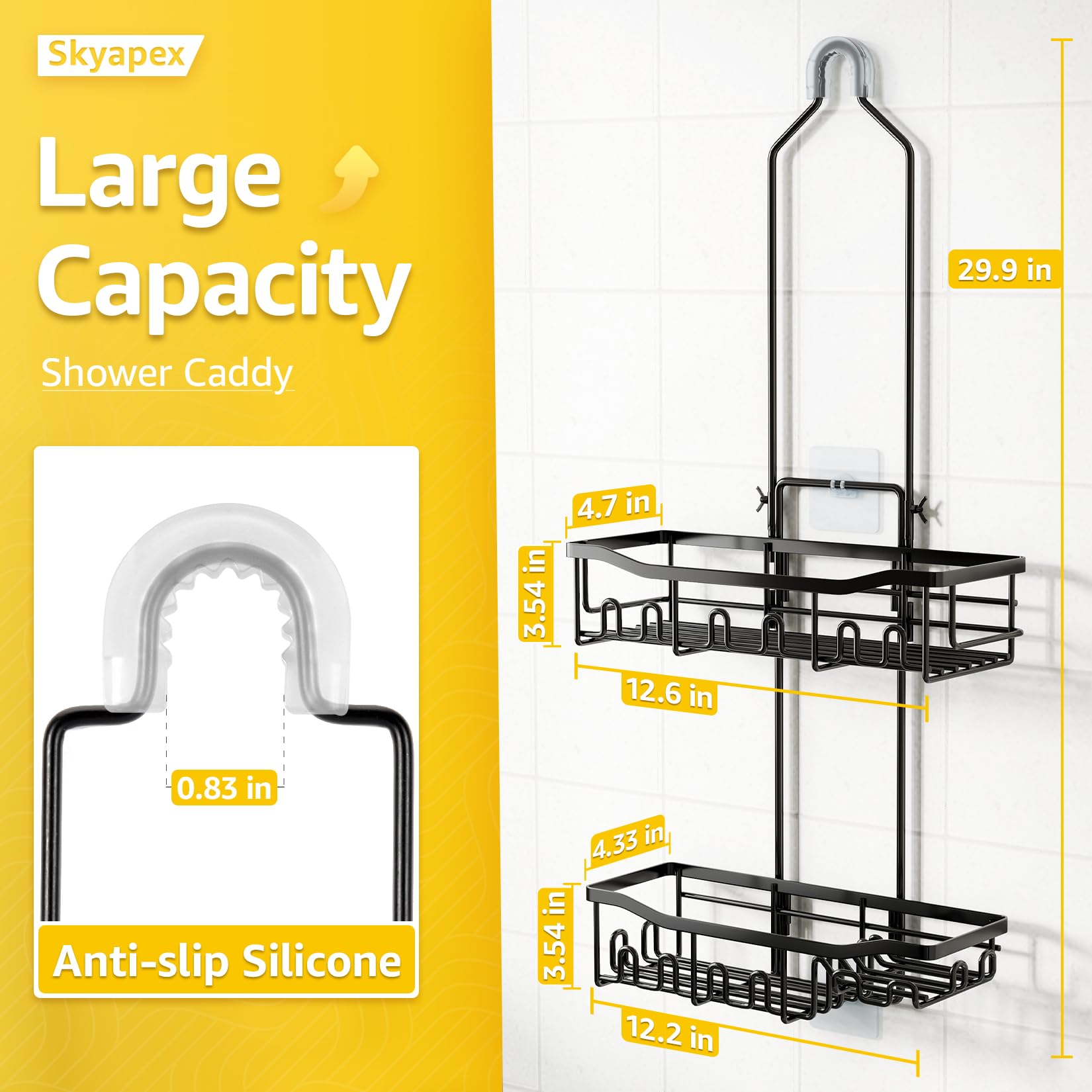 Skyapex Hanging Shower Caddy Over Showerhead: Extra Long Adjustable Shower Organizer Hanging No Blocking to Shower Head - Large Capacity Shower Caddy Hanging with Hooks Shampoo Soap Holder