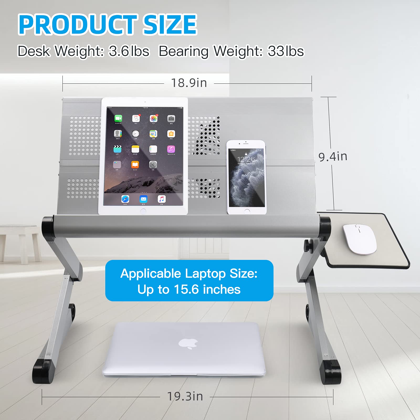 Upgraded Aluminum Laptop Stand Adjustable with Cooling Fan and Mouse Pad, Reinforced Ergonomic Lap Desk Foldable Portable Computer Table for Bed Sofa Couch Office (Extra Wide Tray: 19", Silver)