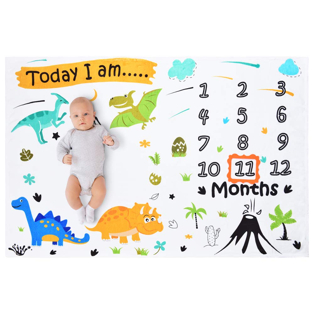 WERNNSAI Dinosaur Baby Monthly Milestone Blanket - Soft Flannel Nursery Bed Blankets for Boys Newborn Blankets, Photography Backdrop with Props