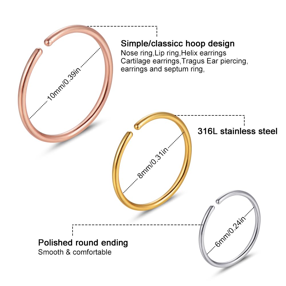 Xanowan Stainless Steel Hoop Nose Ring Cartilage Ring Set 6 Color Set for Men and Women