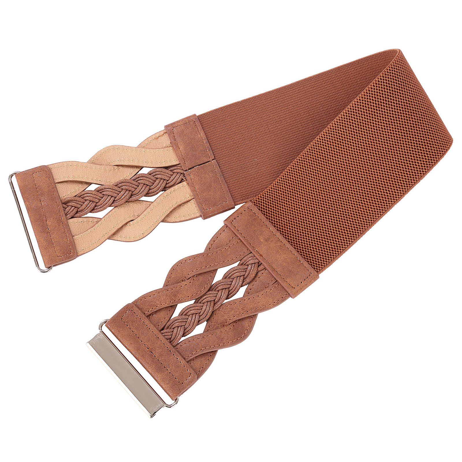 Women's 2 Pack Retro Wide Elastic Stretch Belt, Black + Brown, Medium